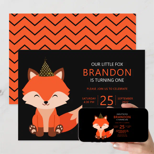 Minimalist Cute Little Fox Zigzag Black Birthday Invitation | Zazzle