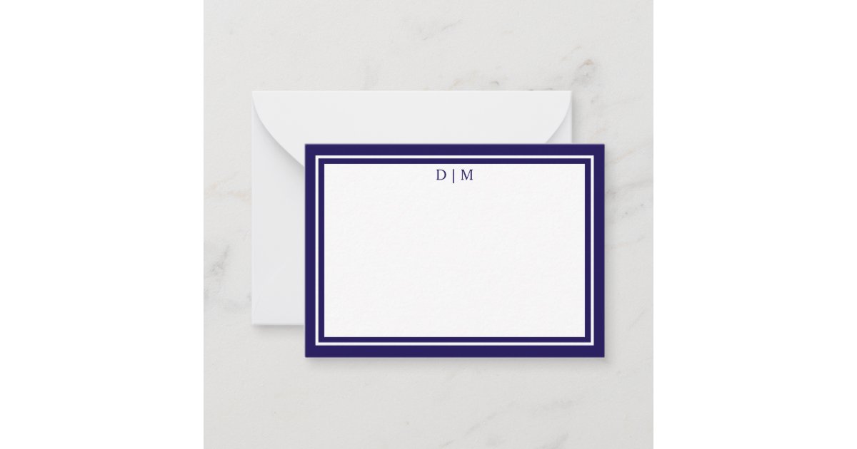 Minimalist dark blue Double Border Monogram Note Card | Zazzle