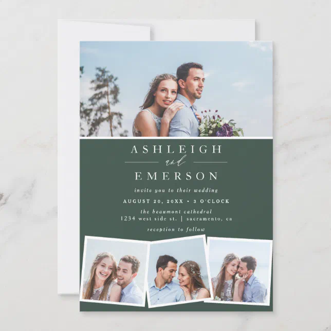 Minimalist Dark Green Photo Collage Wedding Invitation | Zazzle