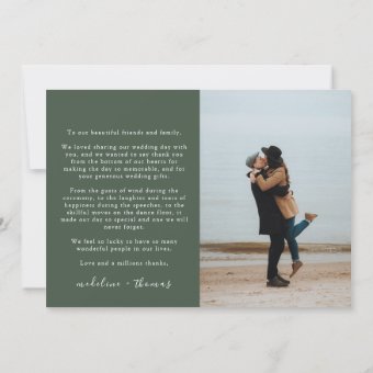 Minimalist Dark Green Script with 2 photo wedding Thank You Card | Zazzle
