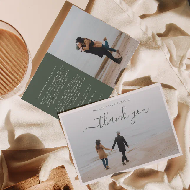 Minimalist Dark Green Script with 2 photo wedding Thank You Card | Zazzle
