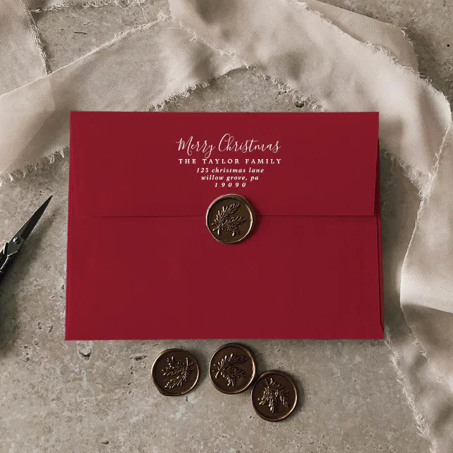 Minimalist Dark Red Merry Christmas Card Envelope | Zazzle