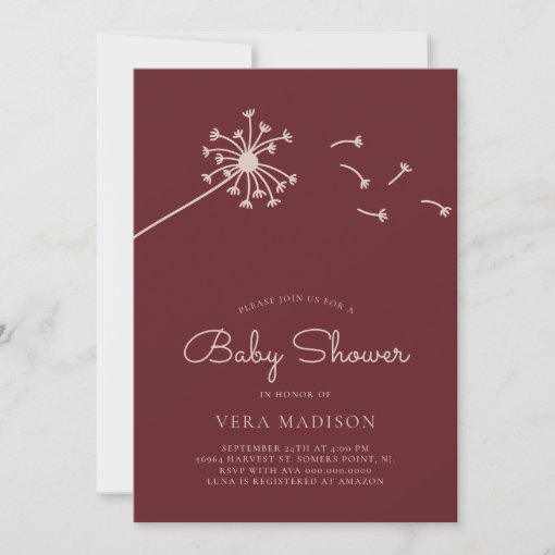 Minimalist Dendelion Maroon Baby Shower Invitation | Zazzle