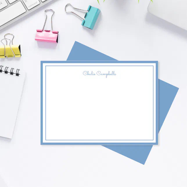 Minimalist dusty blue, 2 Borders, signature Note Card | Zazzle