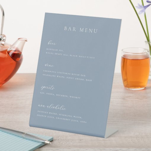 Minimalist Dusty Blue Bar Menu List Pedestal Sign | Zazzle