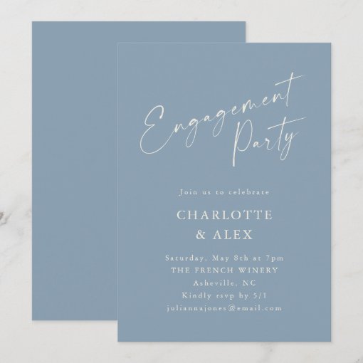 Minimalist Dusty Blue Calligraphy Engagement Party Invitation | Zazzle