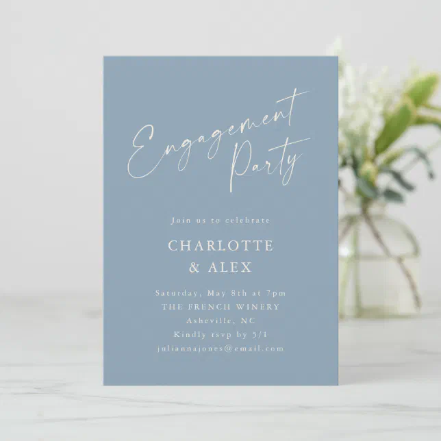 Minimalist Dusty Blue Calligraphy Engagement Party Invitation | Zazzle