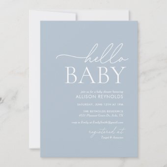 Minimalist Dusty Blue Hello Baby Shower Invitation | Zazzle