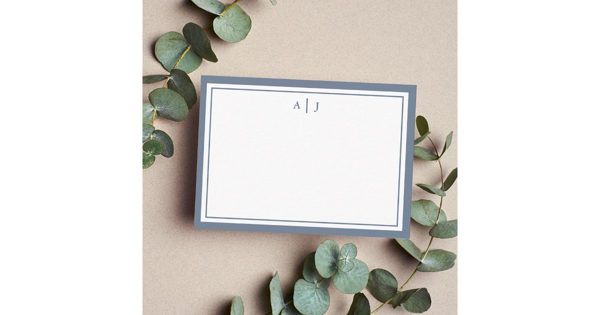 Minimalist Dusty Blue Two Border Monogram Note Card | Zazzle