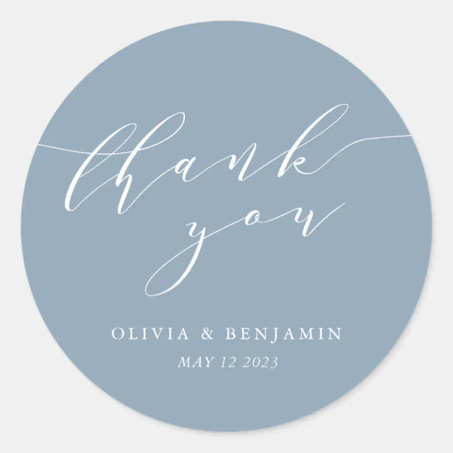 Minimalist Dusty Blue Wedding Couple Thank You Classic Round Sticker ...