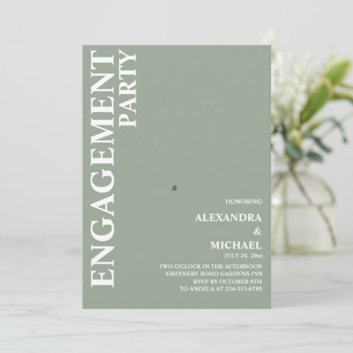 Minimalist Dusty Sage Green Text Based Engagement Invitation | Zazzle