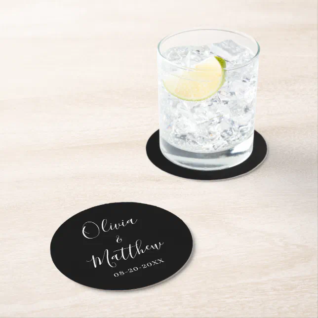 Minimalist Elegant Black Classic Wedding Round Paper Coaster | Zazzle