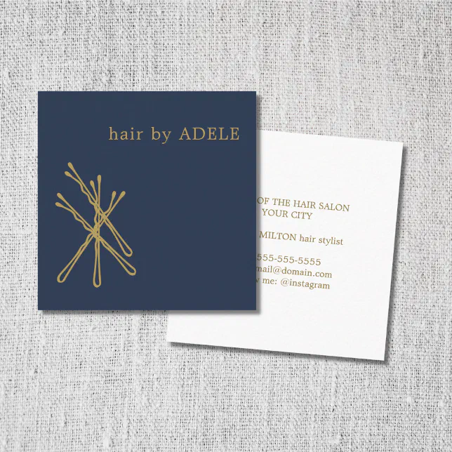 Minimalist Elegant Blue Golden Hair Pins Square Business Card | Zazzle