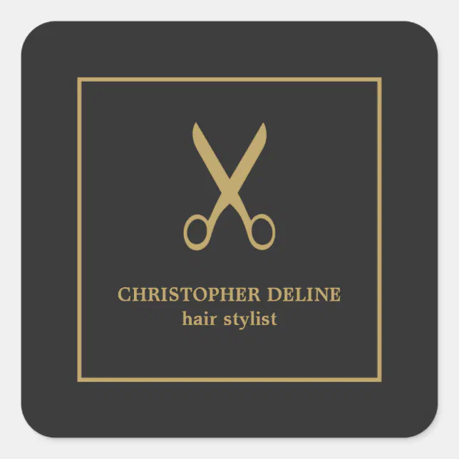 Minimalist Elegant Dark Faux Gold Scissor Square Sticker | Zazzle
