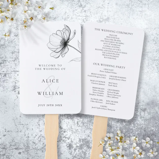 Minimalist Elegant Floral Wedding Program Hand Fan | Zazzle