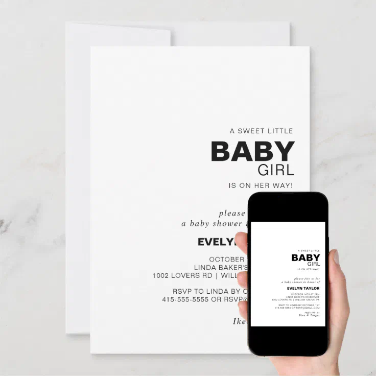 Minimalist Elegant Formal Baby Girl shower Invitation | Zazzle