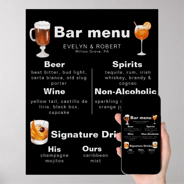 Minimalist Elegant Formal Black Wedding Bar Menu Poster | Zazzle