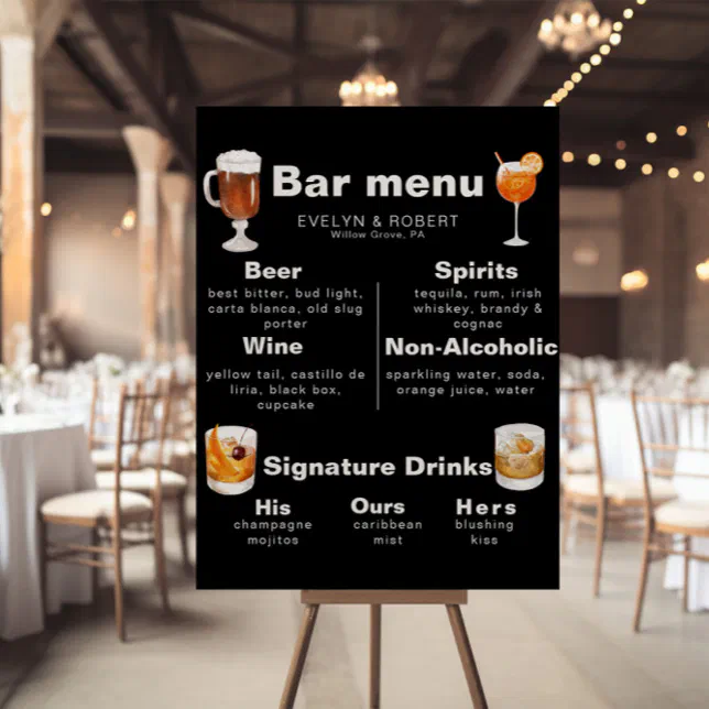 Minimalist Elegant Formal Black Wedding Bar Menu Poster | Zazzle