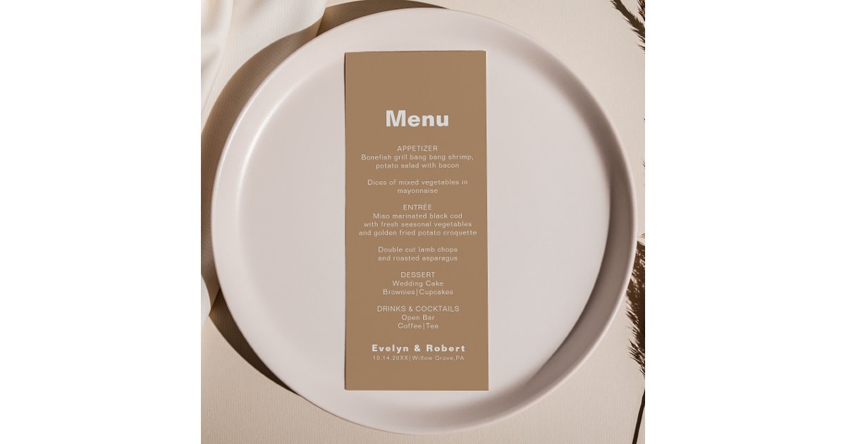 Minimalist Elegant Formal Brown Wedding Menu | Zazzle