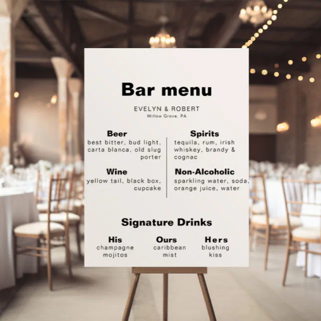 Minimalist Elegant Formal Wedding Bar Menu Poster | Zazzle