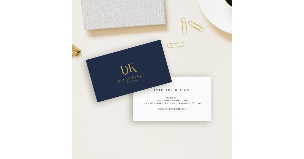 Minimalist Elegant Monogram Dark Navy Blue Gold Business Card | Zazzle