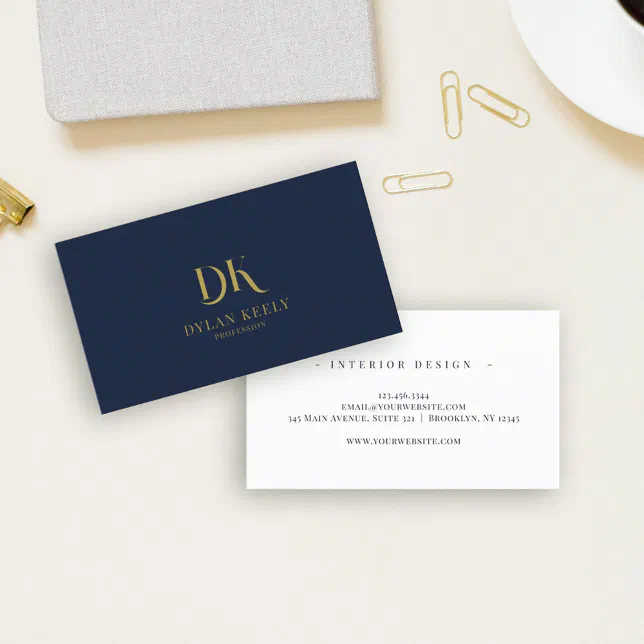 Minimalist Elegant Monogram Dark Navy Blue Gold Business Card | Zazzle