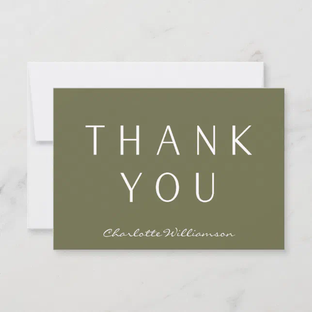 Minimalist Elegant Olive Green Custom Name Thank You Card | Zazzle
