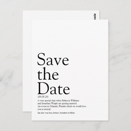 Minimalist Elegant Save the Date Definition Postcard | Zazzle
