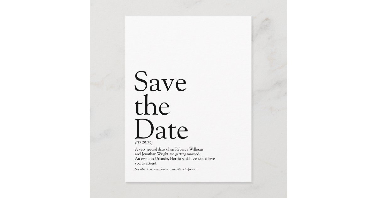 Minimalist Elegant Save the Date Definition Postcard | Zazzle