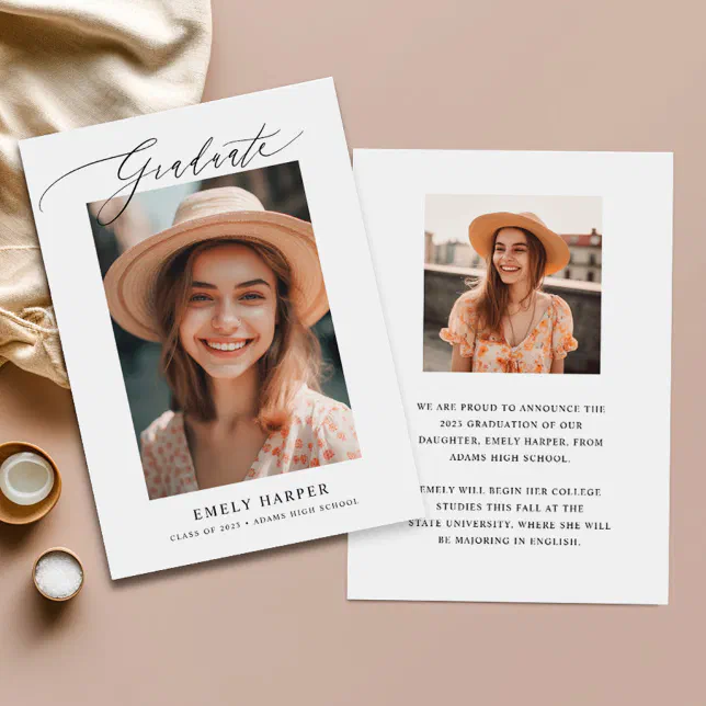 Minimalist Elegant Script Two Photo Graduation Announcement | Zazzle