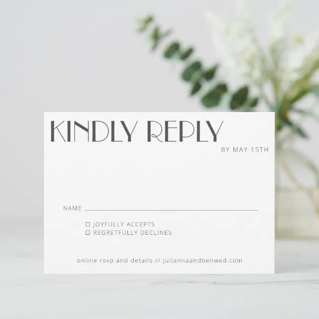 Minimalist Elegant White Background Art Deco Text RSVP Card | Zazzle