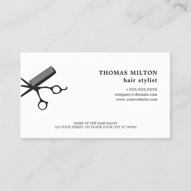 Minimalist Elegant White Scissors Comb Hairstylist Business Card | Zazzle