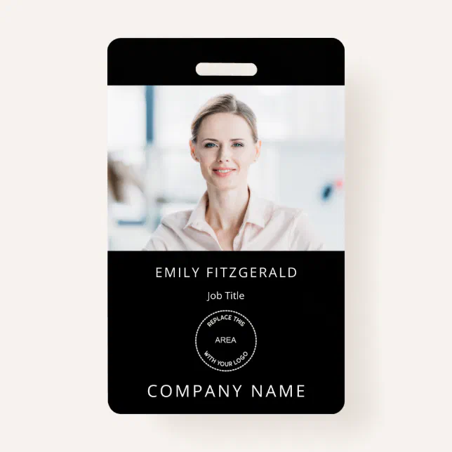 Minimalist Employee Photo ID Name Logo Black Badge | Zazzle