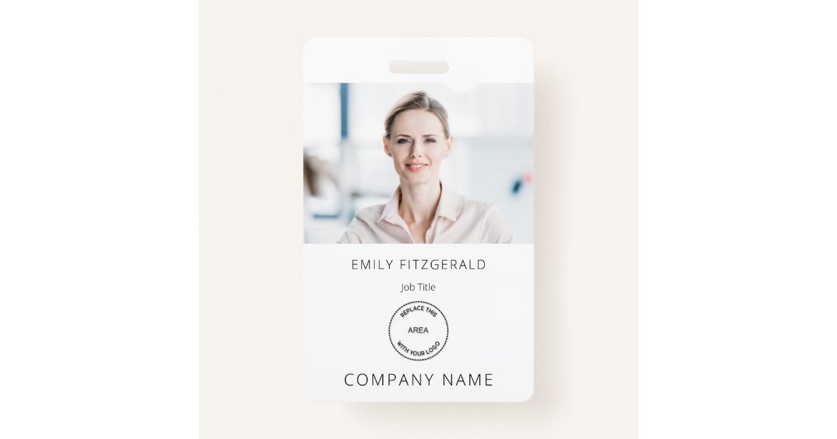 Minimalist Employee Photo ID Name Logo White Badge | Zazzle