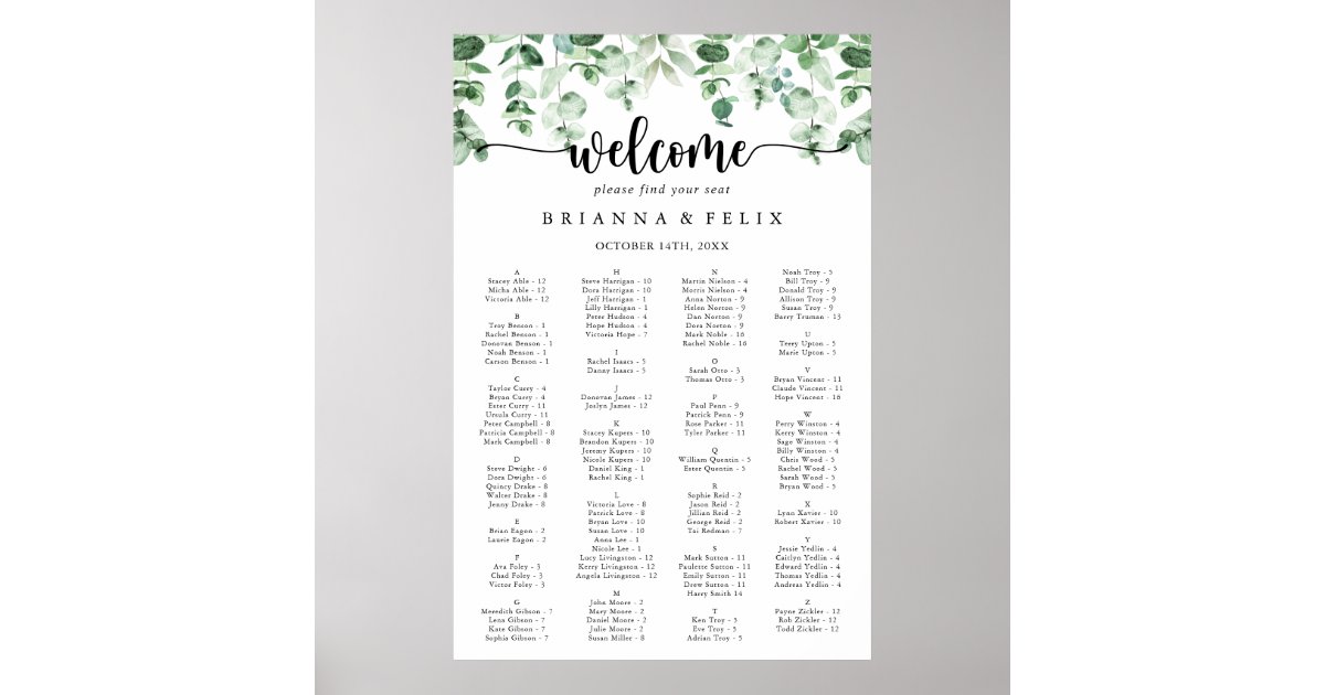 Minimalist Eucalyptus Alphabetical Seating Chart | Zazzle