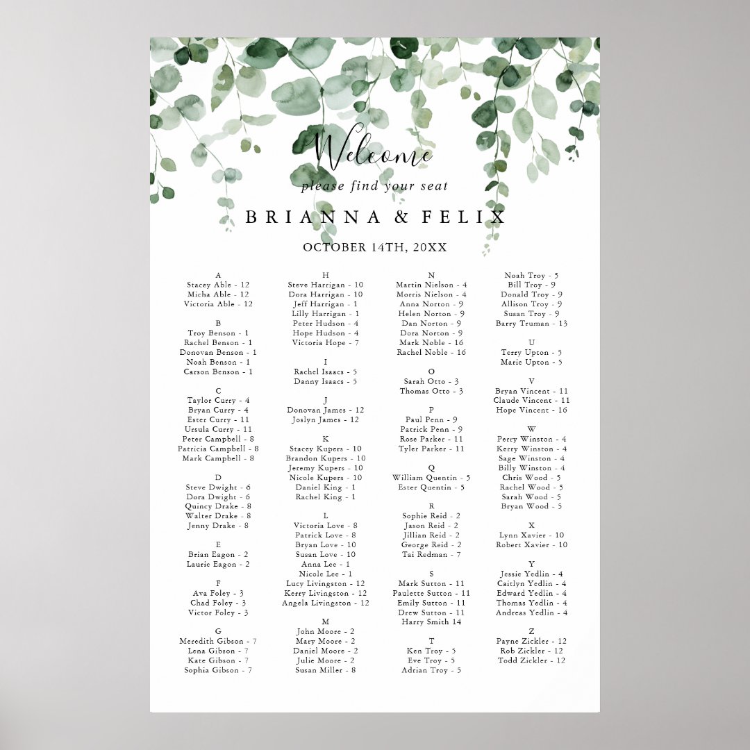 Minimalist Eucalyptus Alphabetical Seating Chart | Zazzle