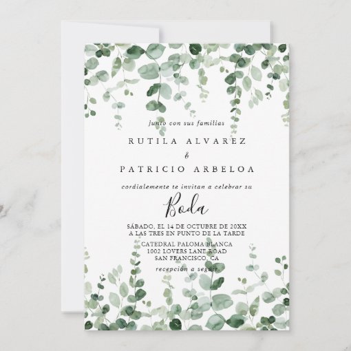 Minimalist Eucalyptus Spanish Wedding Invitation | Zazzle