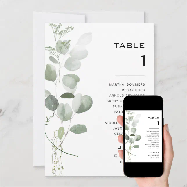 Minimalist Eucalyptus Table Number 1 Seating Chart | Zazzle