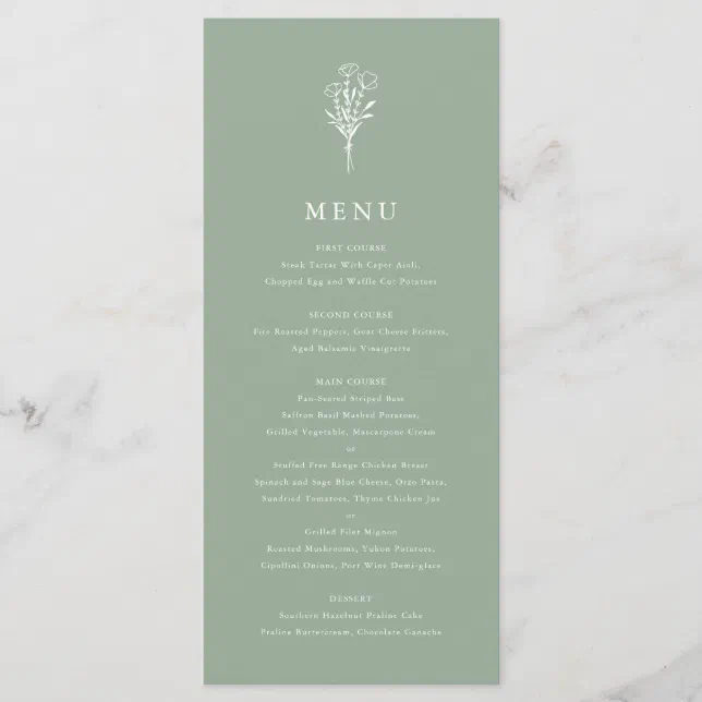 Minimalist Floral Bouquet Sage Green Wedding Menu | Zazzle