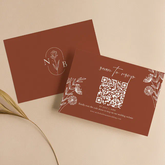 Minimalist Floral Terracotta Wedding QR Code RSVP Card | Zazzle