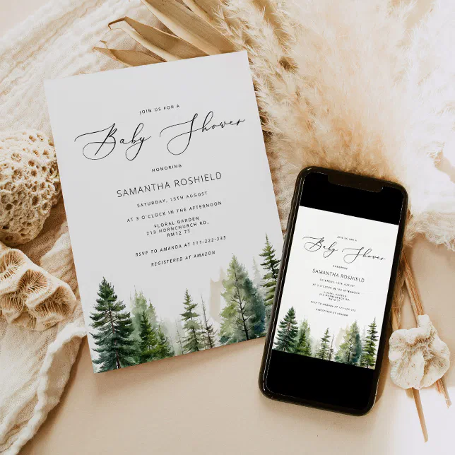 Minimalist forest pine trees Baby shower Invitation | Zazzle