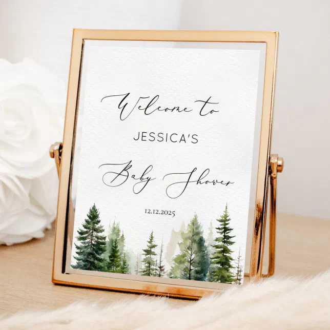 Minimalist forest pine trees Baby Shower Welcome Poster | Zazzle