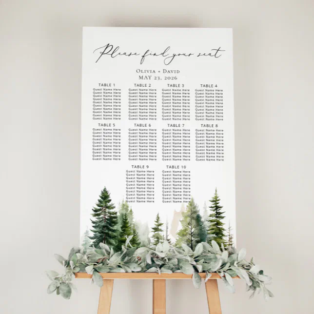 Minimalist forest pine trees wedding seating chart foam board | Zazzle
