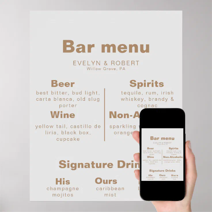 Minimalist Formal Brown Wedding Bar Menu Poster | Zazzle