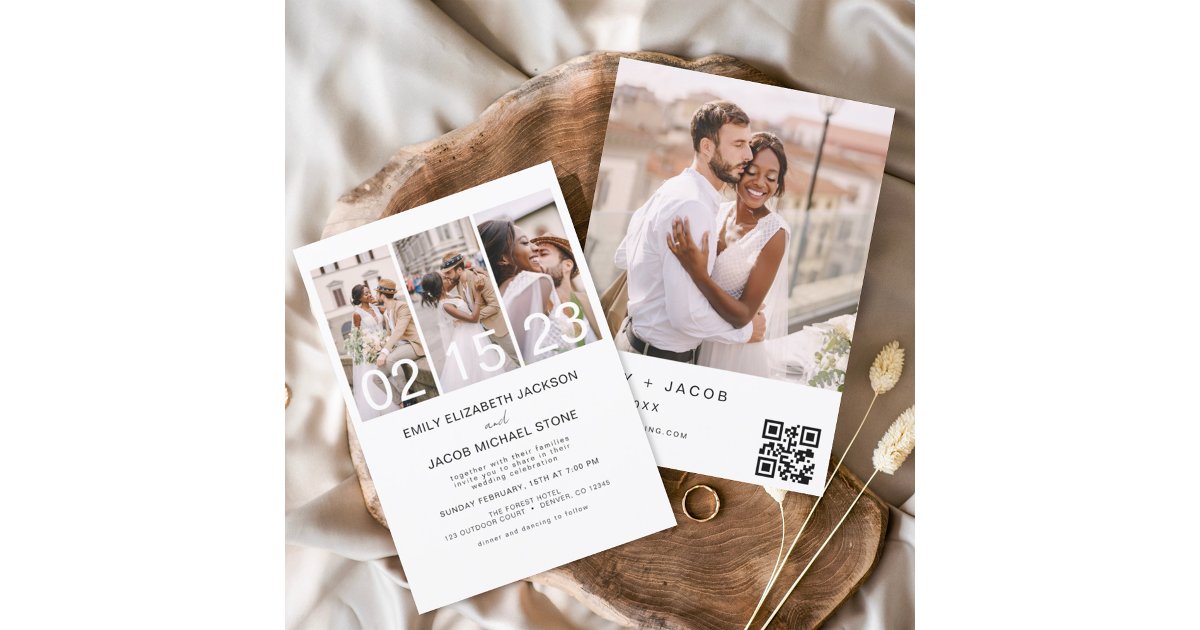 Minimalist Four Photo QR code Wedding Invitation | Zazzle