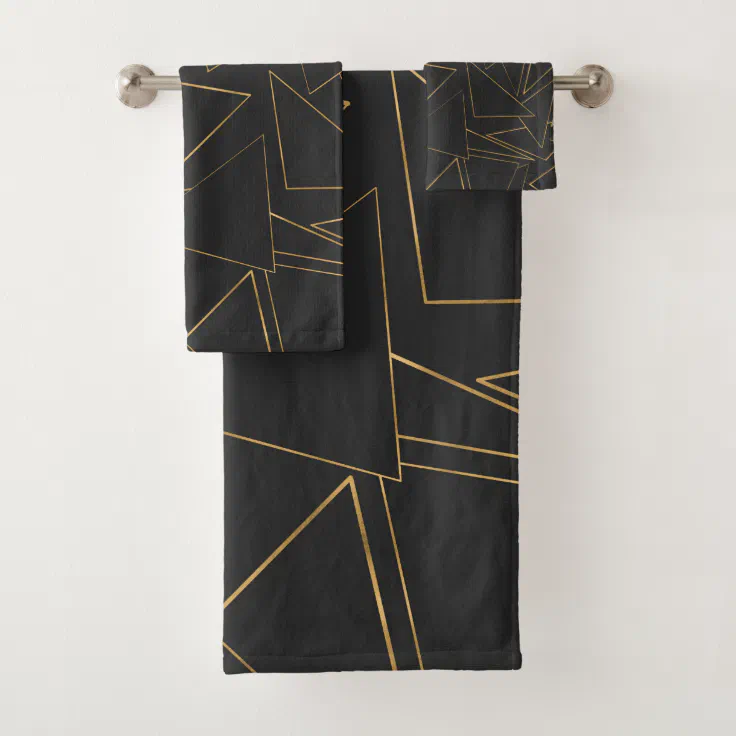 Minimalist Geometric Gold Black Strokes Triangles Bath Towel Set | Zazzle