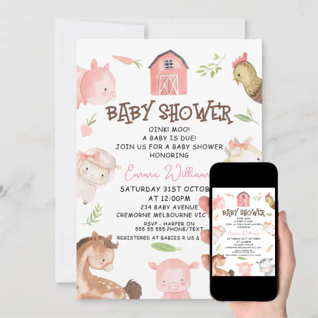 Minimalist Girls Farm Themed Baby Shower Invitation | Zazzle