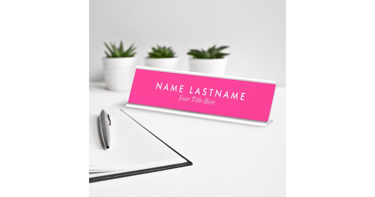 Minimalist Girly Feminine Bright Pink Custom Desk Name Plate | Zazzle