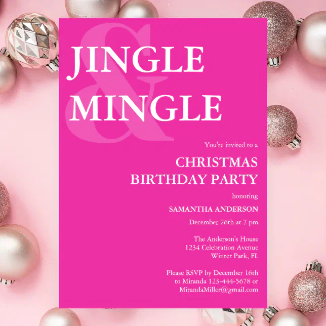 Minimalist Girly Pink Christmas Birthday Party Invitation | Zazzle