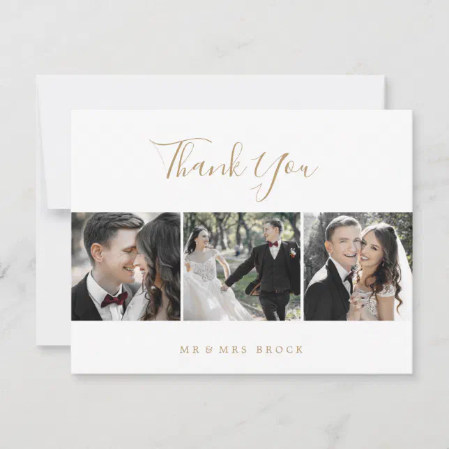 Minimalist Gold 3 Photo Template Thank You Card | Zazzle